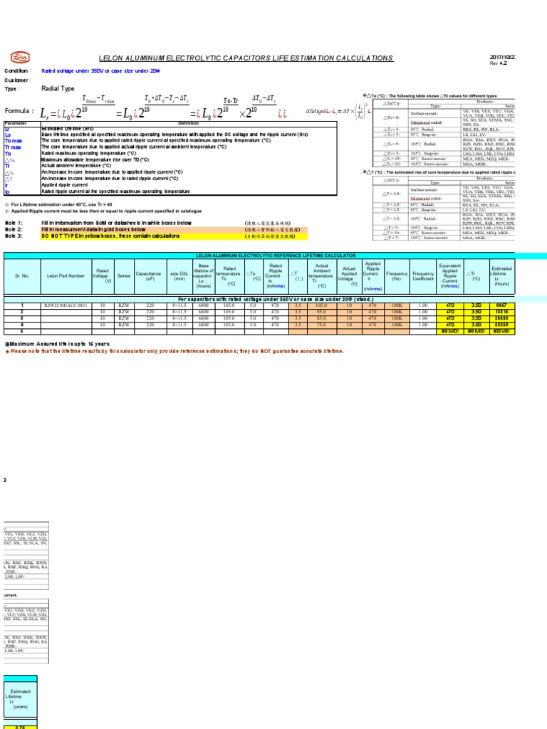 LELON E-Cap. Life Estimation Calculation Rev 4.2 | PDF | Capacitor ...