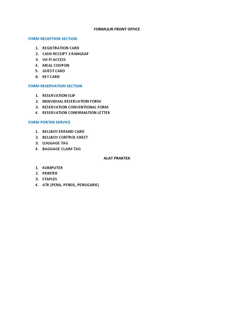 Formulir Front Office | PDF