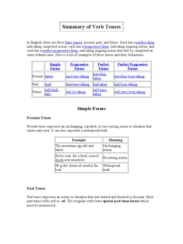 Summary of Verb Tenses | PDF | Grammatical Tense | Perfect (Grammar)