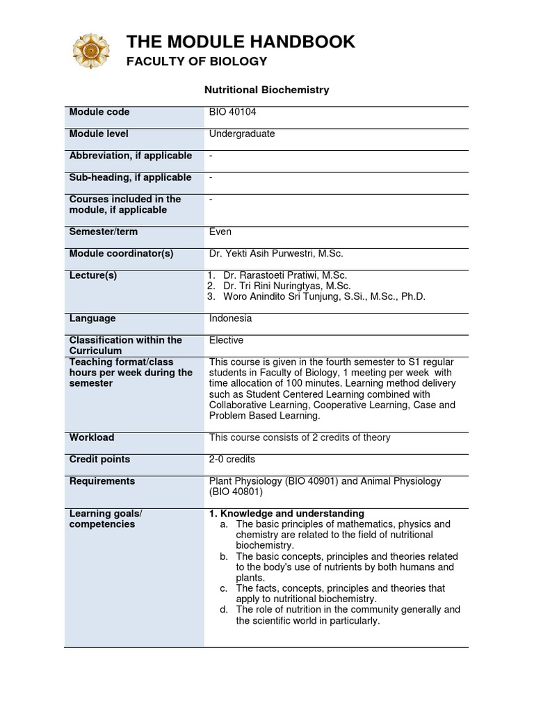 The Module Handbook: Faculty of Biology | PDF | Diet & Nutrition ...