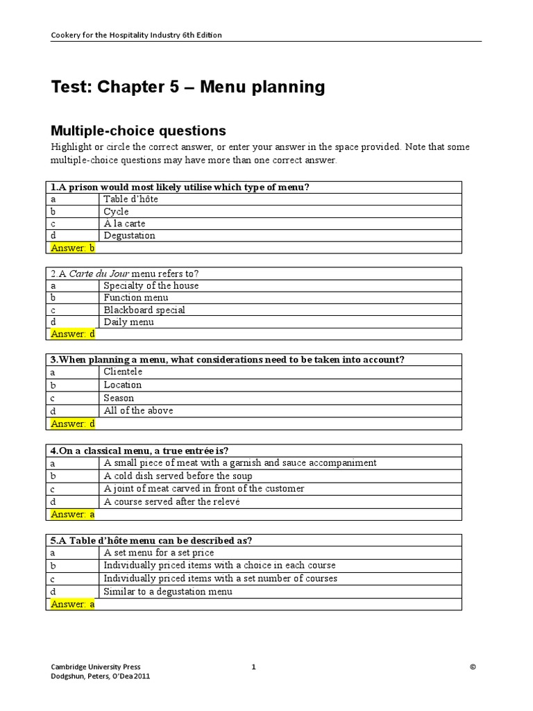 Test: Chapter 5 - Menu Planning: Multiple-Choice Questions | PDF | Menu ...