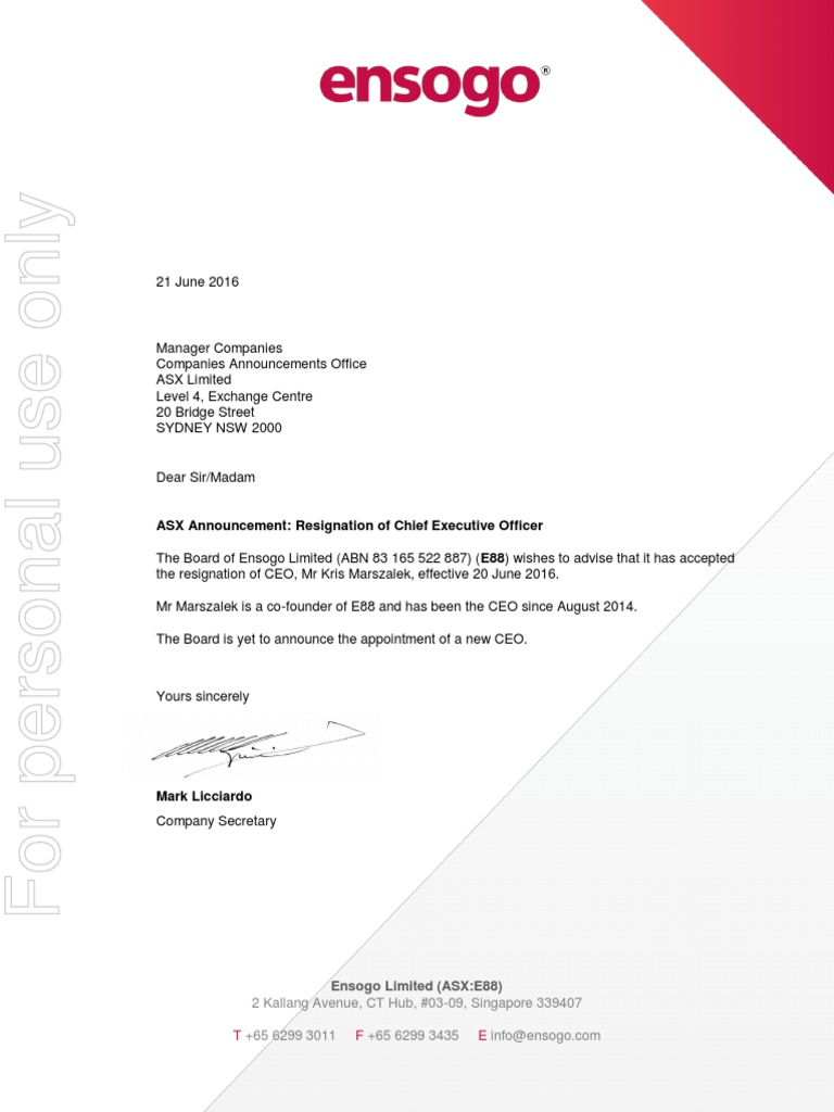 ASX - CEO Resignation | PDF