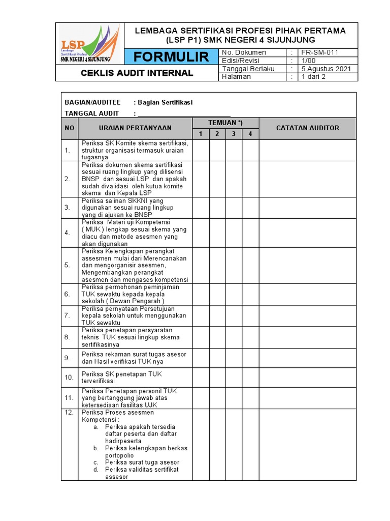 Ceklis Audit Internal LSP P1 | PDF