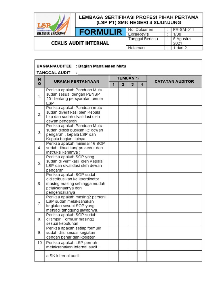 FR-SM-011 Ceklis Audit Internal Bagian Mutu | PDF
