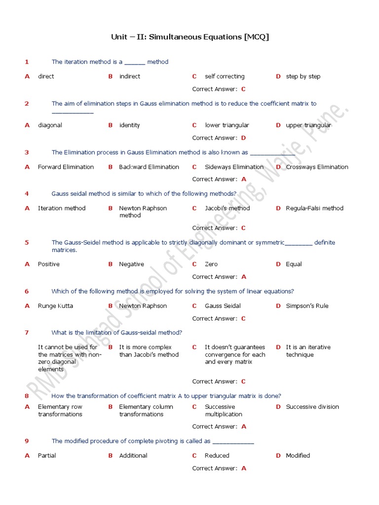 Unit - II: Simultaneous Equations (MCQ) : 1 A B C D C 2 | Download Free ...