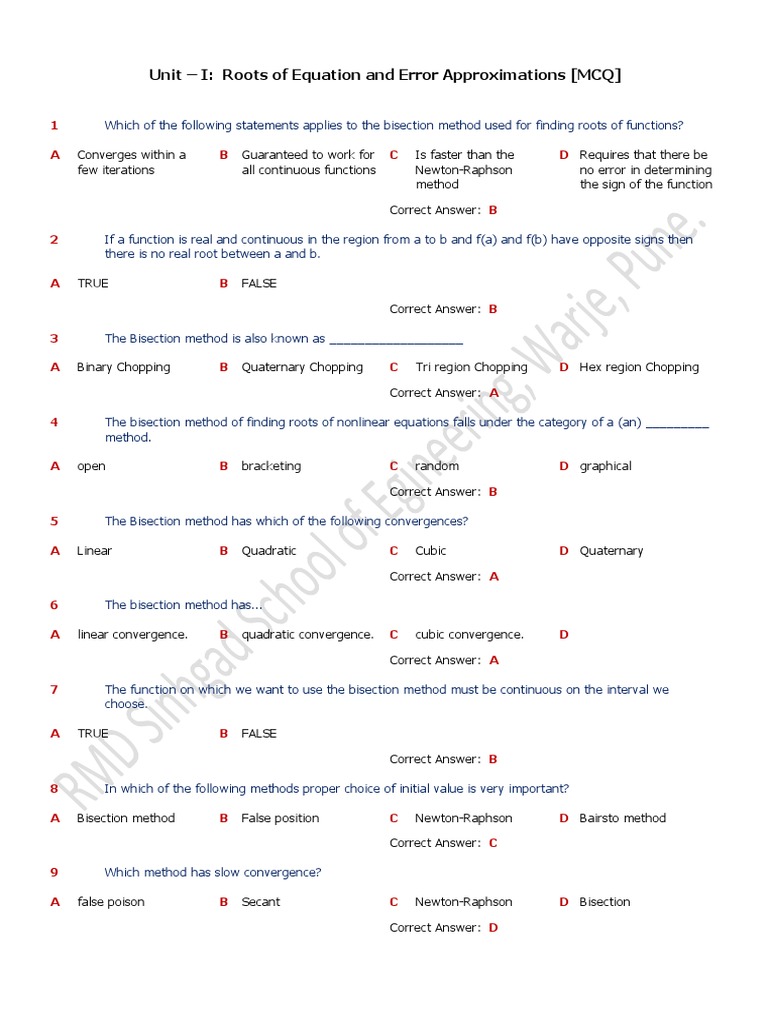 Unit - I: Roots of Equation and Error Approximations (MCQ) : 1 A B C D | PDF | Mathematical ...