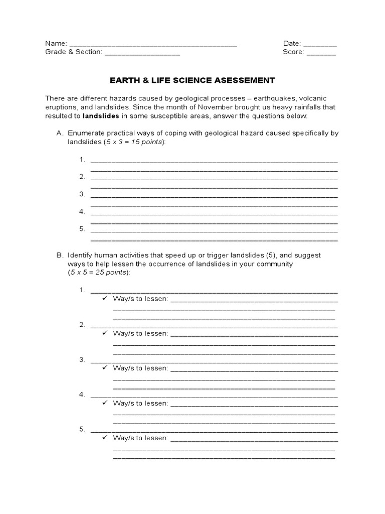 Earth & Life Science Asessement | PDF | Landslide | Hazards