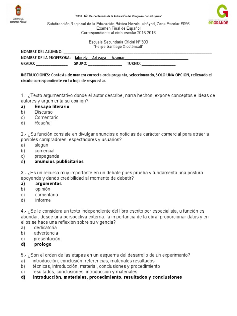 Examen Español 3ro | PDF | Prueba (evaluación)