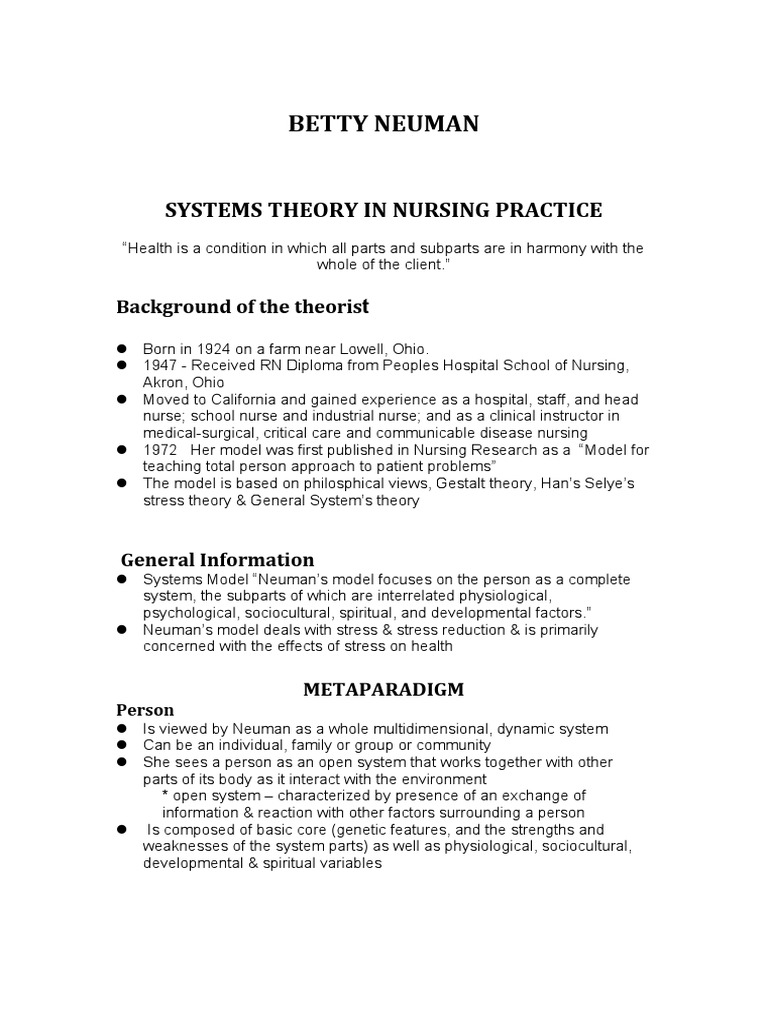 Betty Neuman: Systems Theory in Nursing Practice | PDF | Stress ...