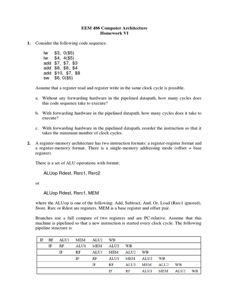 EEM 486 Computer Architecture Homework VI 1. Consider The Following Code Sequence | PDF ...