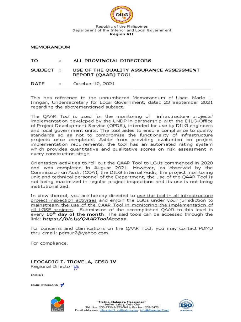 Draft Memo To PDs On Use of QAAR Tool | PDF