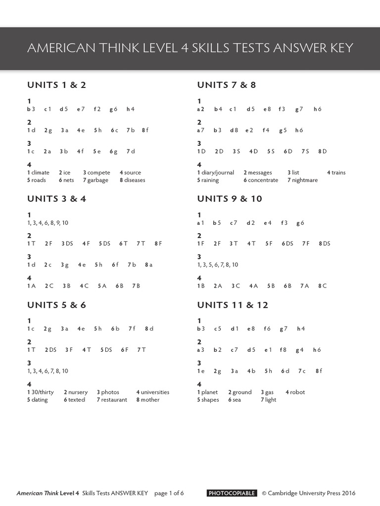 American Think Level 4 Skills Tests Answer Key: Units 1 & 2 Units 7 & 8 ...