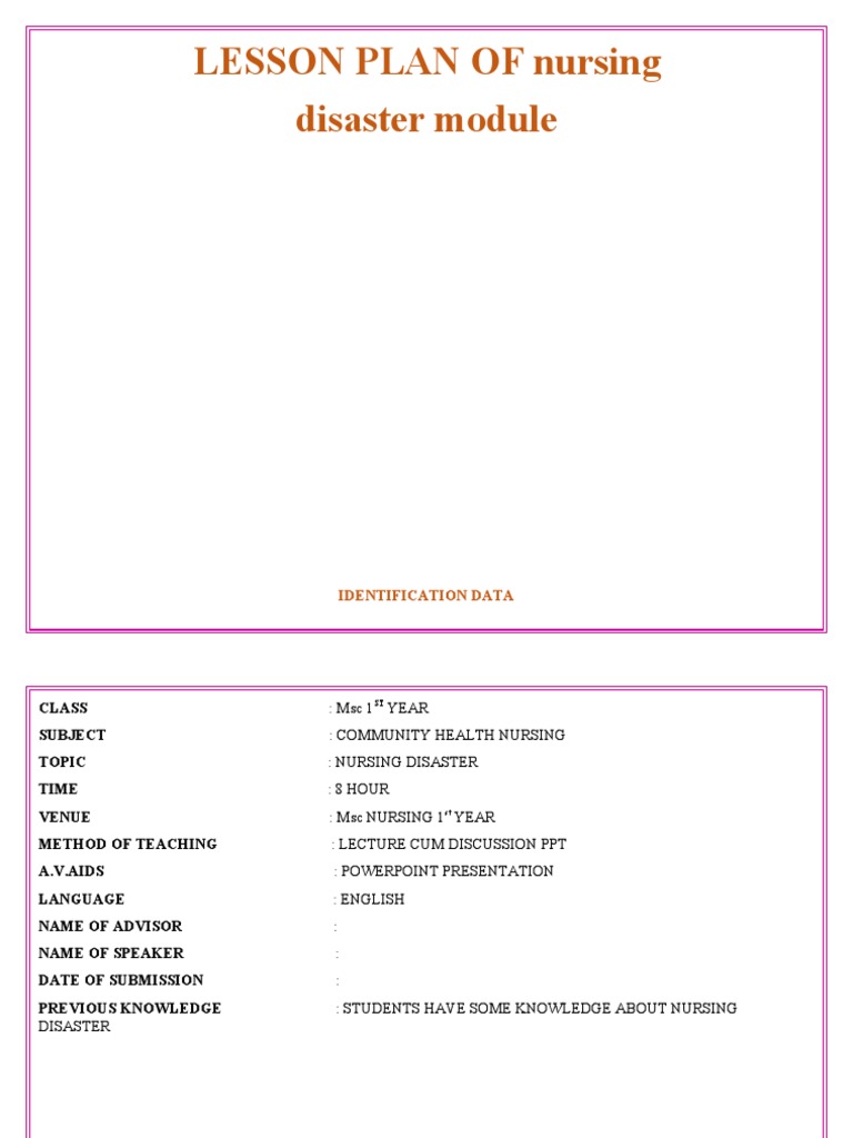 Lesson Plan of Nursing Disaster Module: Identification Data | Download ...