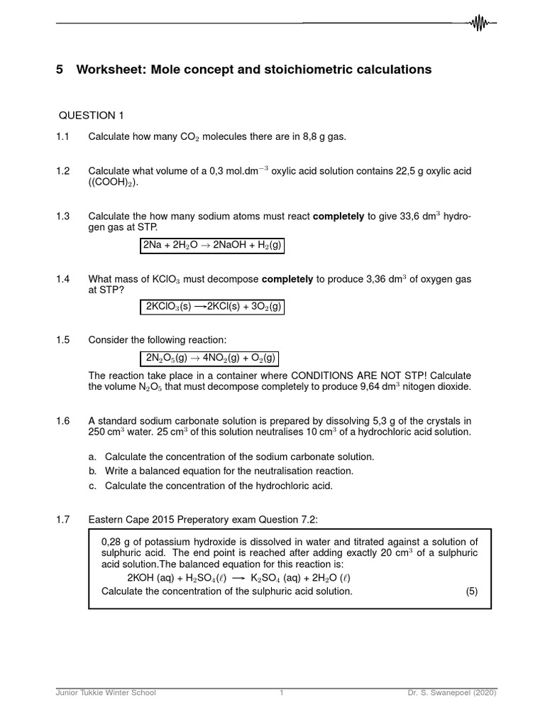 Mole Concept and Stoichiometry Worksheet | PDF | Acid | Sodium Hydroxide