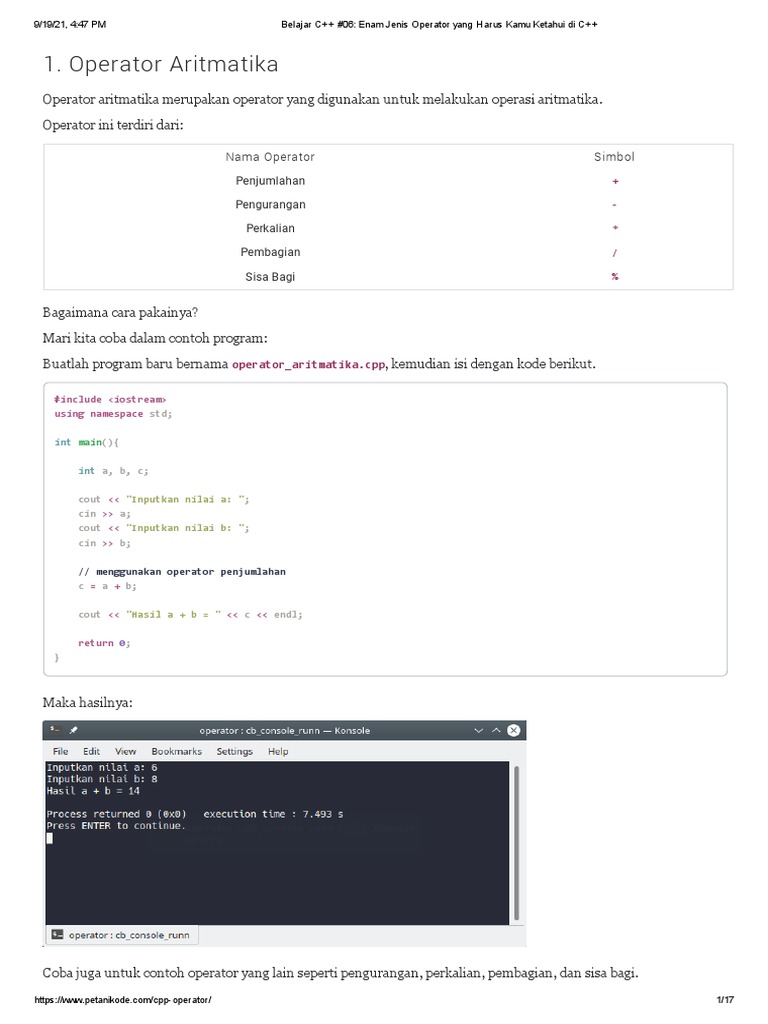 Belajar C++ #06 - Enam Jenis Operator Yang Harus Kamu Ketahui Di C++ | PDF