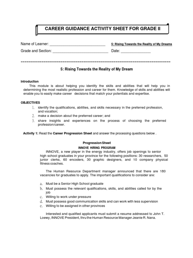 Career Guidance Activity Sheet For Grade Ii | PDF | Employment | Skill