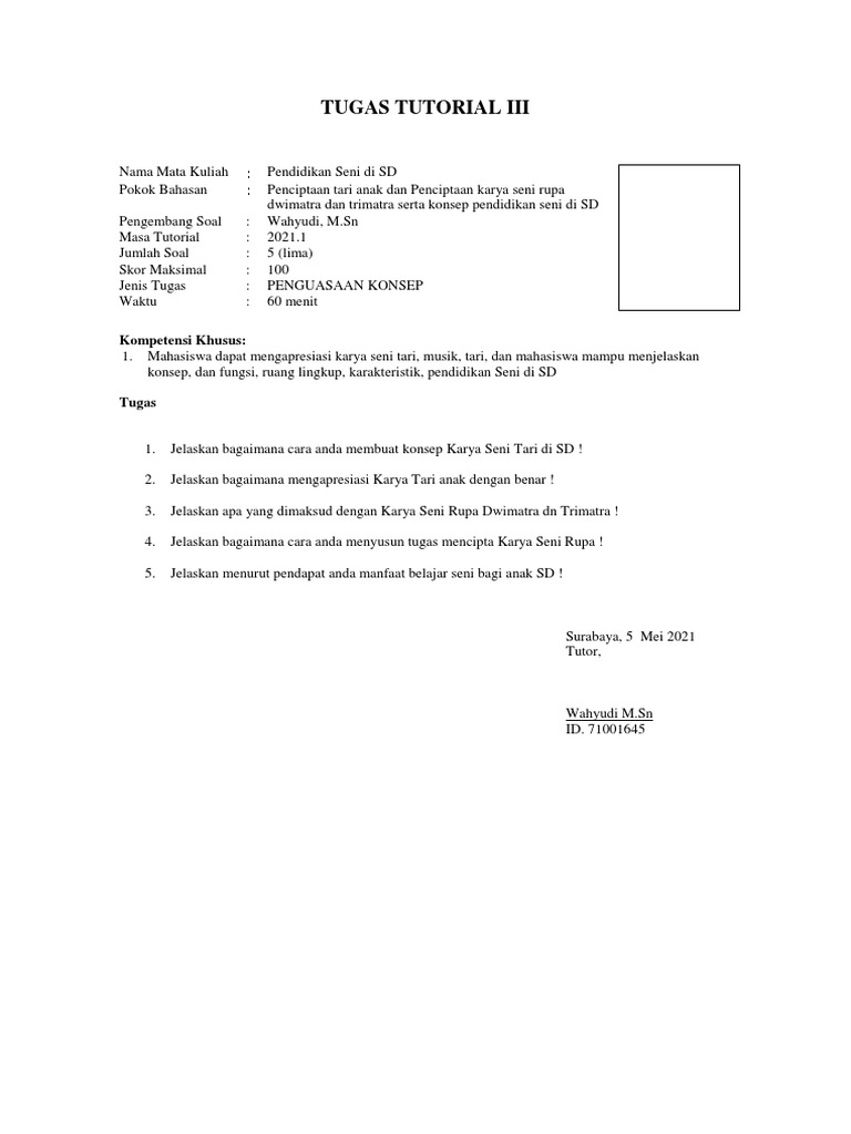 Tugas Tutorial 3 Pend - Seni | PDF | Karier & Perkembangan | Sains & Matematika