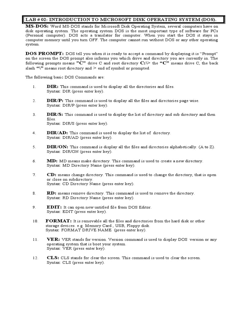 Ms-Dos:: Lab # 02: Introduction To Microsoft Disk Operating System (Dos) | PDF | Command Line ...