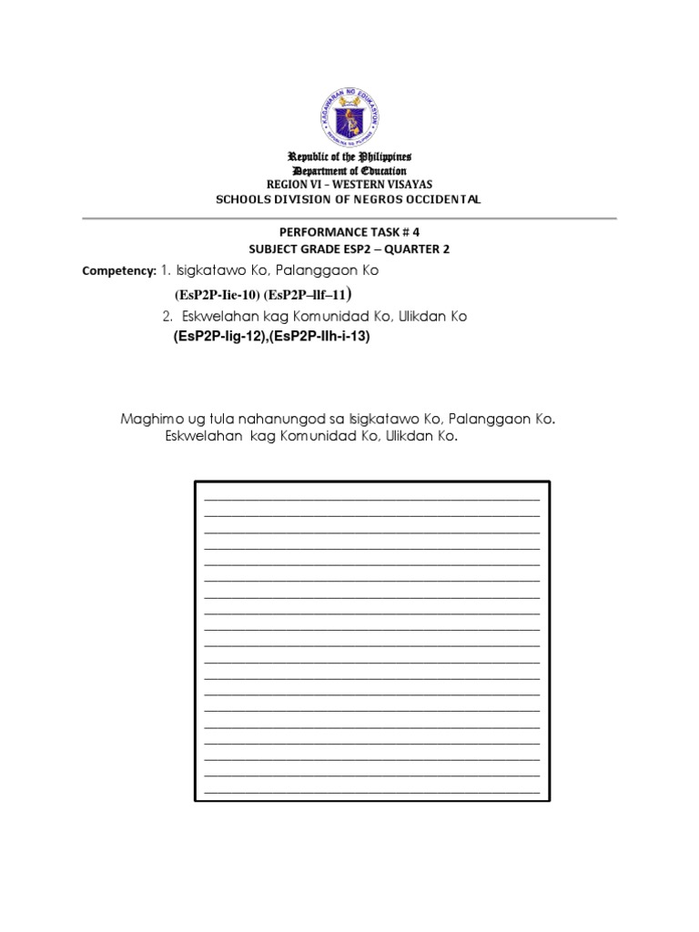 Performance Task # 4 Quarter 2 ESP 2 | PDF