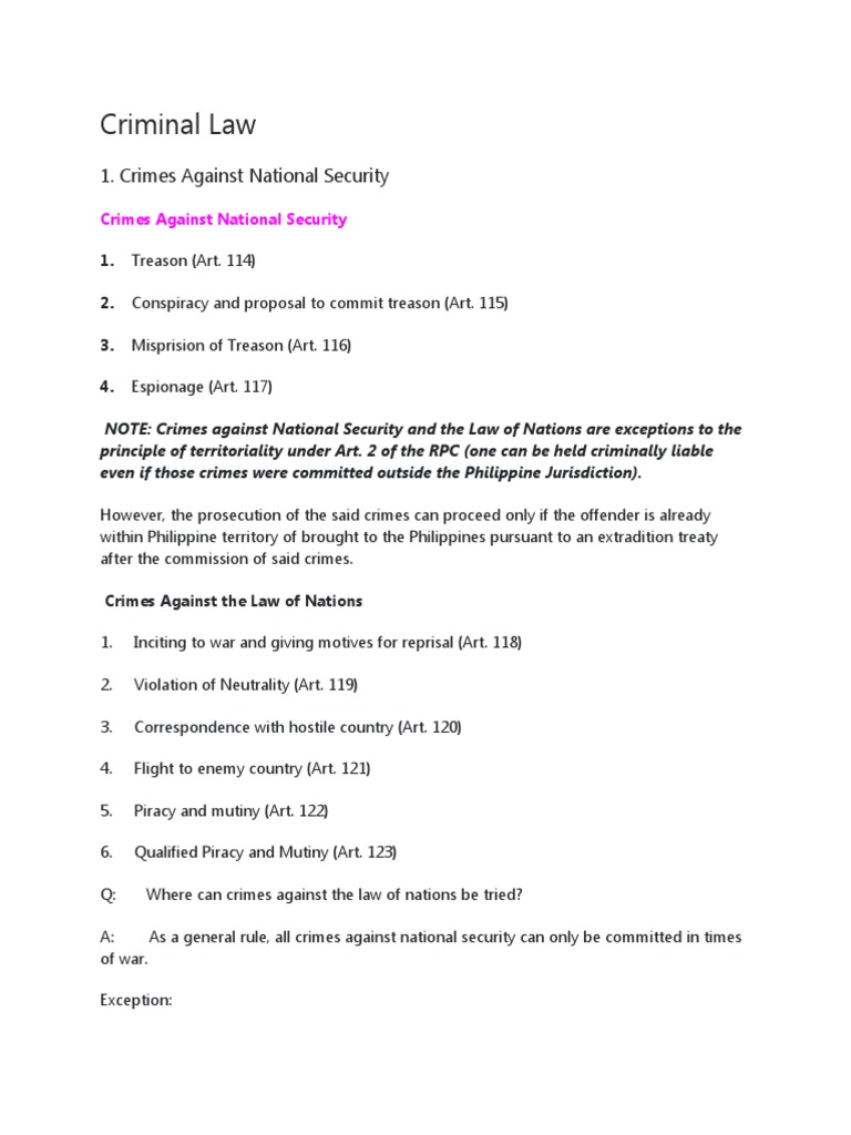 Criminal Law: 1. Crimes Against National Security | PDF | Perjury | Forgery