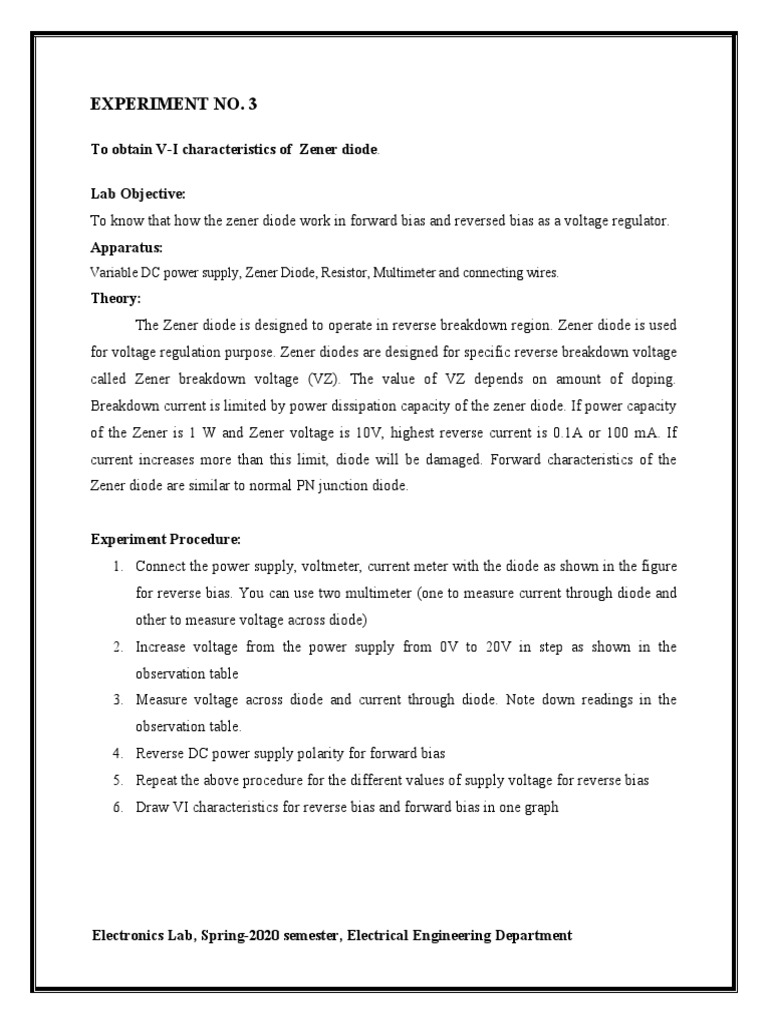 Experiment No. 3: To Obtain V-I Characteristics of Zener Diode. Lab ...