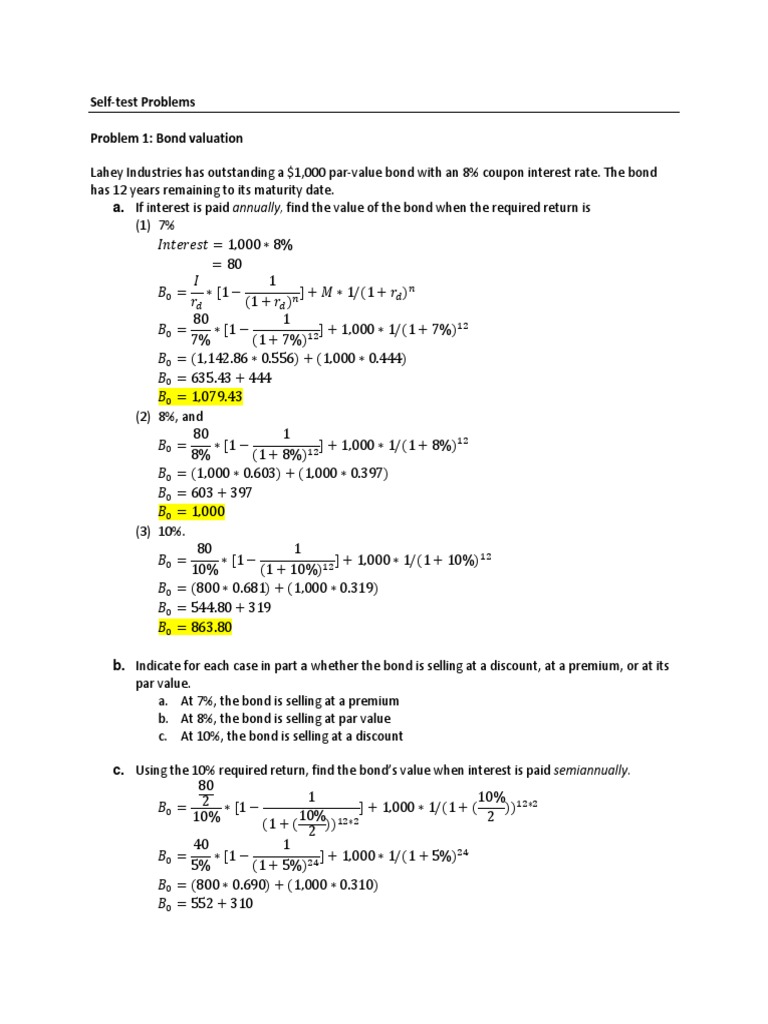 Self-Test Problems Problem 1: Bond Valuation | PDF | Bonds (Finance ...