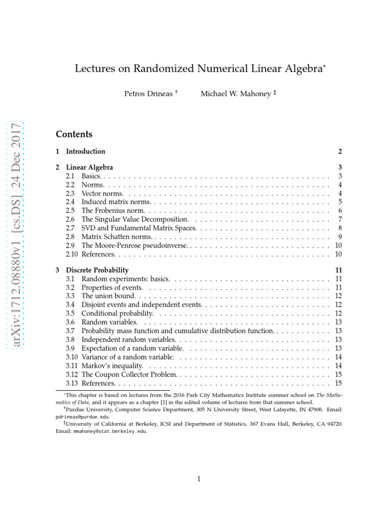 Lectures On Randomized Numerical Linear Algebra: Petros Drineas Michael W. Mahoney | PDF ...