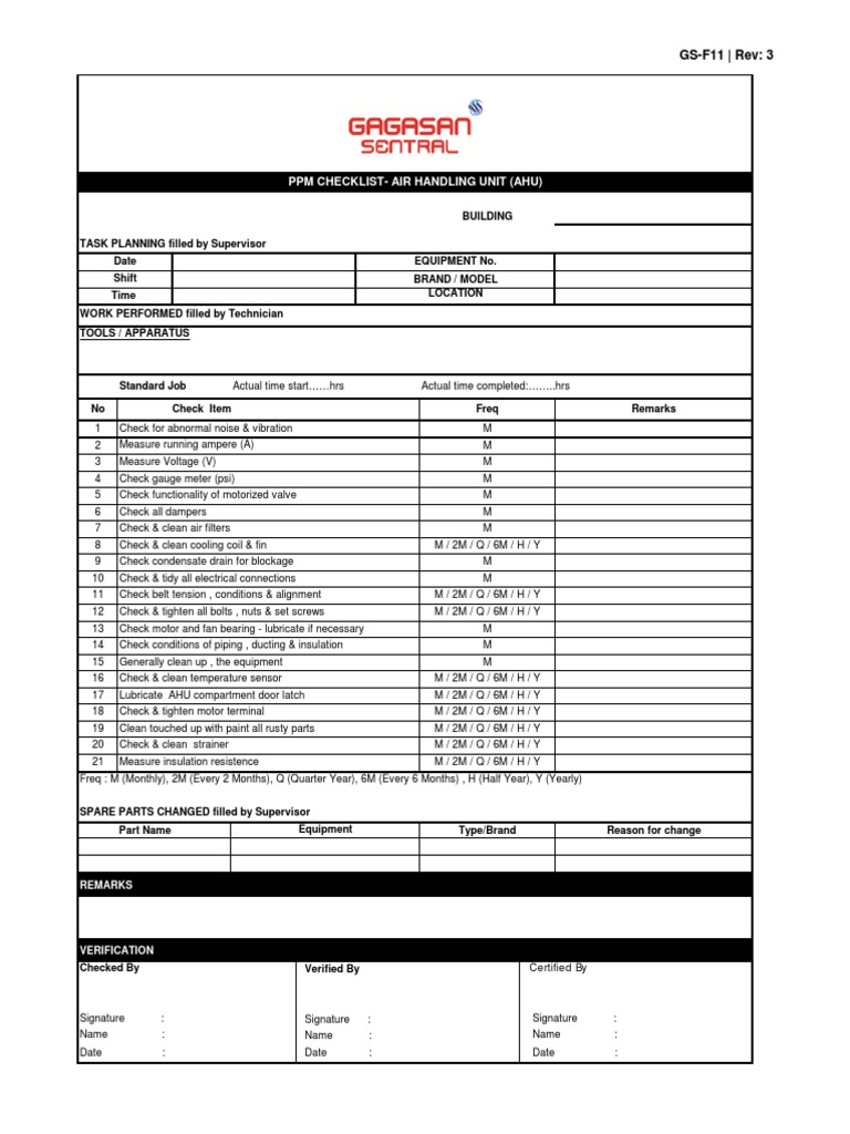 PPM Checklist-Air Handling Unit (Ahu) : GS-F11 - Rev: 3 | PDF ...