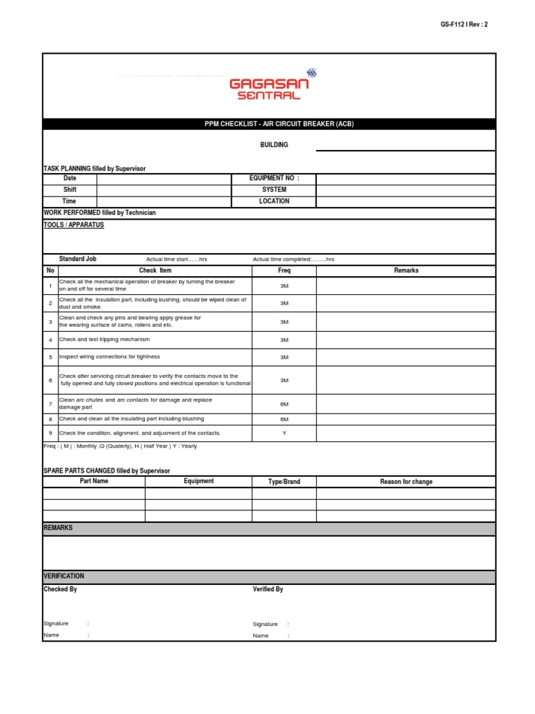 PPM Checklist - Air Circuit Breaker (Acb) | PDF | Machines | Electric Power