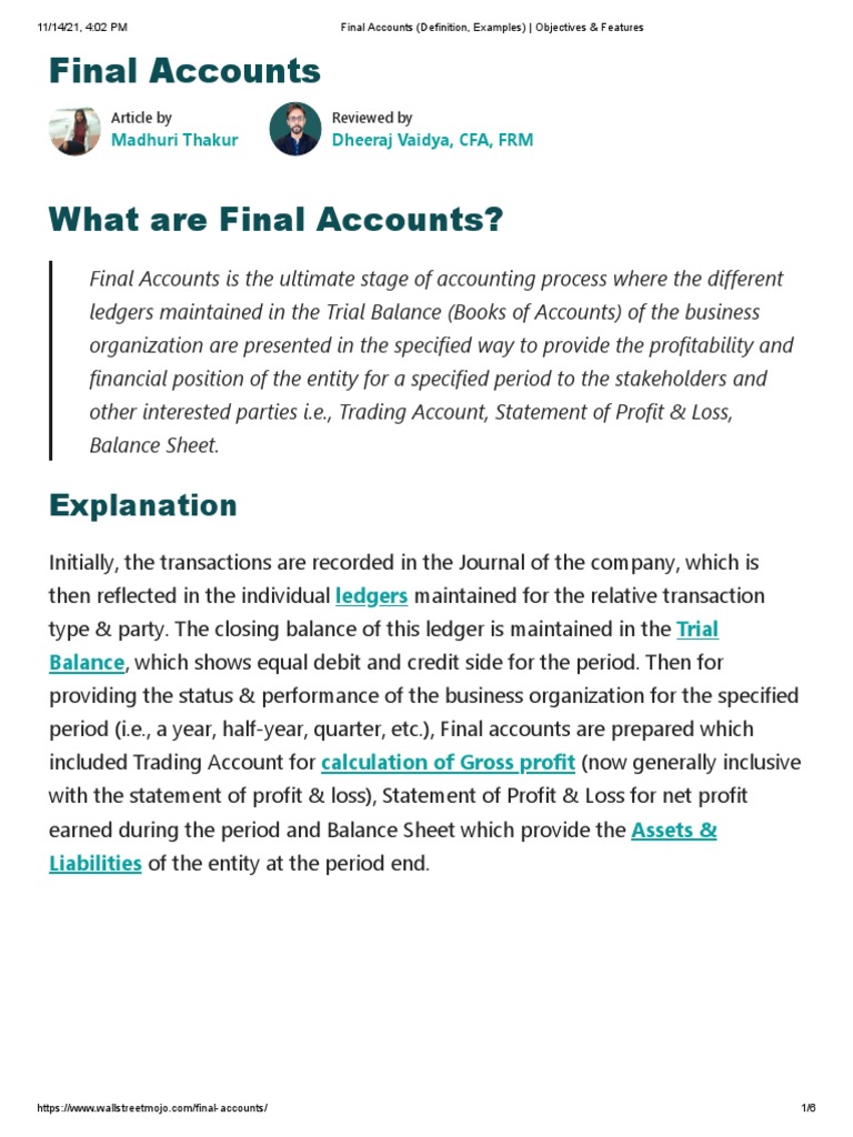 06 - Final Accounts (Definition, Examples) - Objectives & Features | PDF | Balance Sheet ...