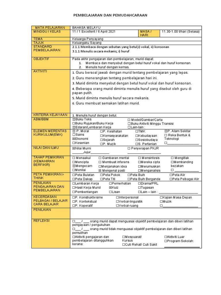 RPH BM Tahun 1 | PDF | Karier & Perkembangan | Kajian Bahasa Asing