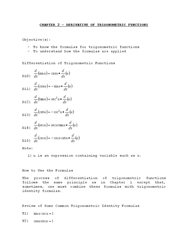 Chapter 2 - Derivative of Trigonometric Functions: U DX D U U DX D ...