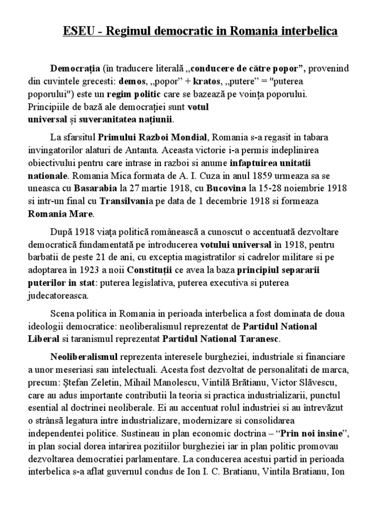Regimul Democratic in Romania Interbelica-Eseu | PDF