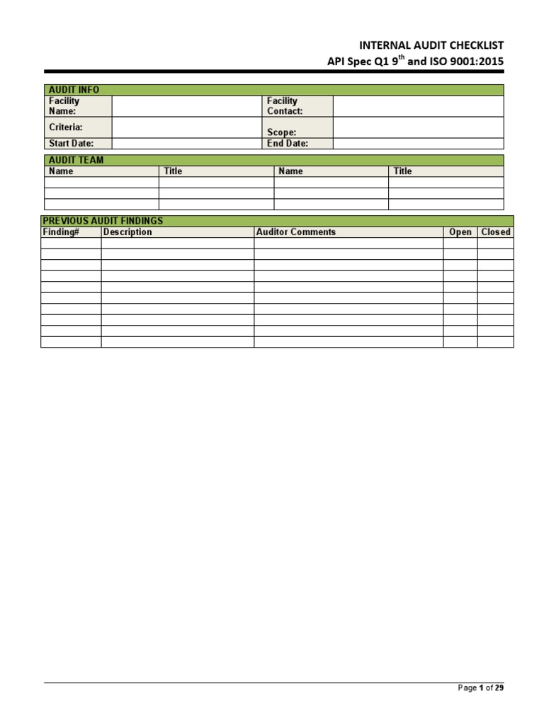 Internal Audit Checklist Q1 - ISO 2015 | PDF | Iso 9000 | Quality ...