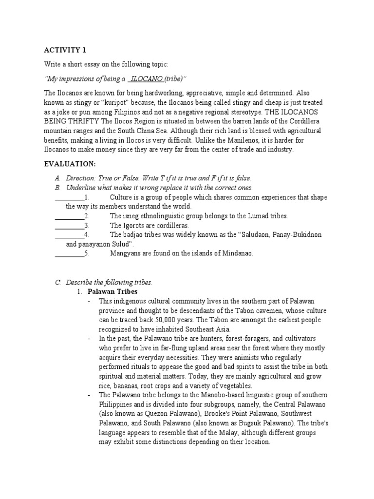 "My Impressions of Being A ILOCANO (Tribe) ": Activity 1 | PDF | Ethnic ...