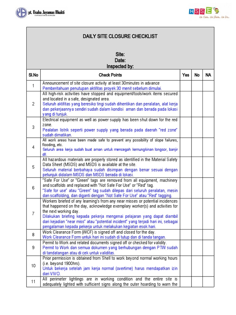 Checklist Daily Site Closure | PDF