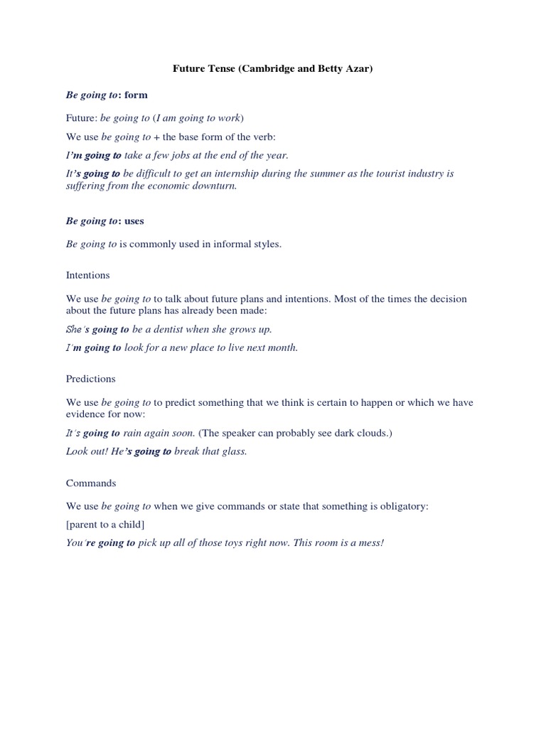 Be Going To: Form: Future Tense (Cambridge and Betty Azar) | PDF ...