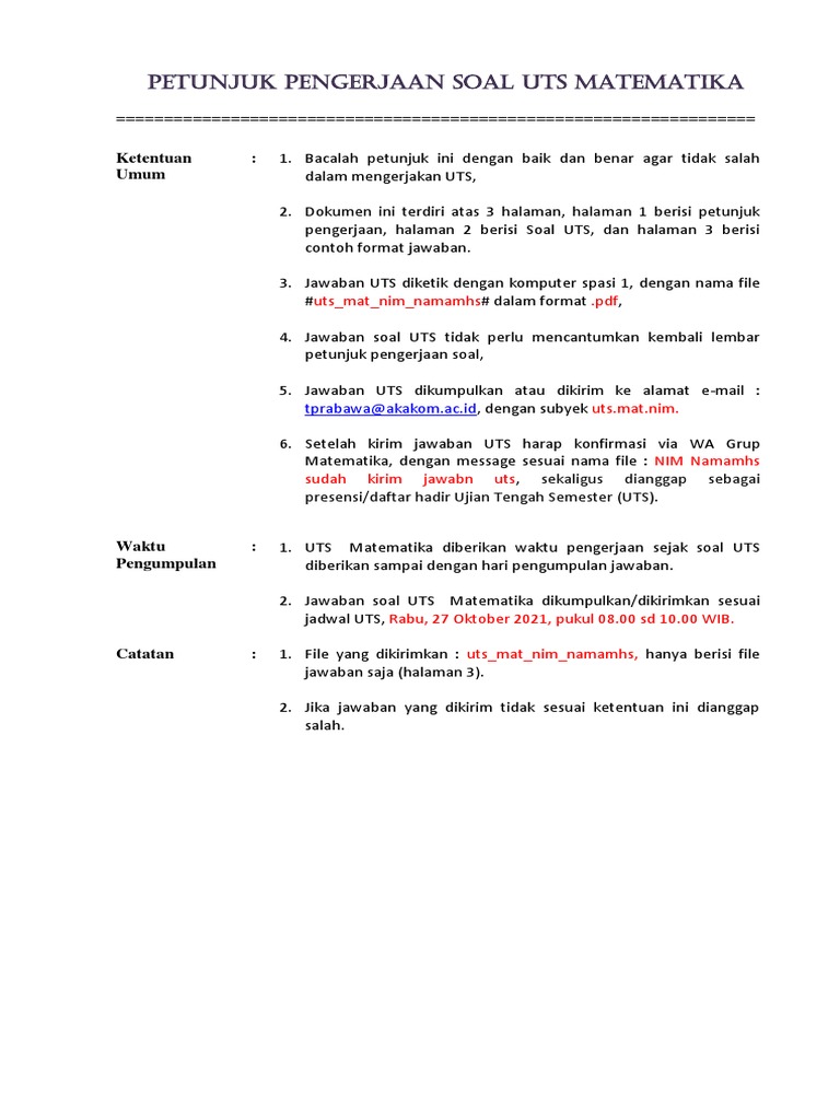 Soal UTS Matematika 2021 | PDF