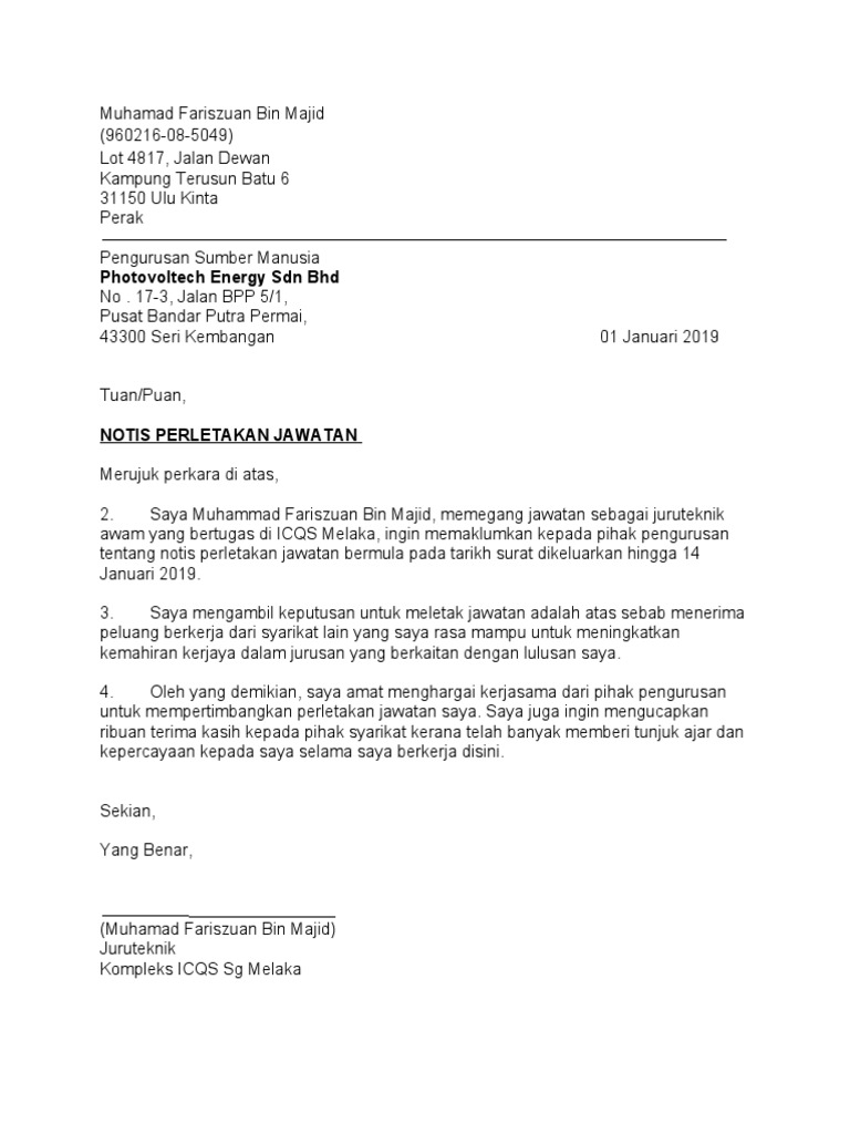 Notis Perletakan Jawatan | PDF