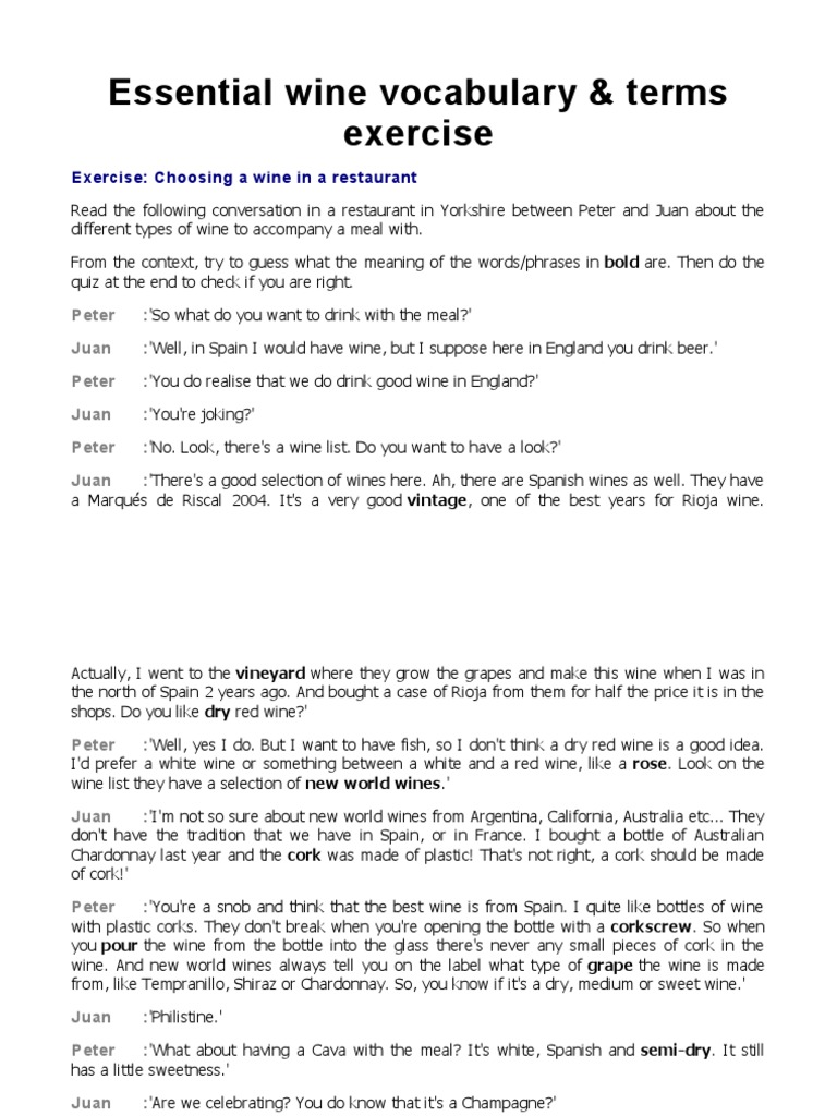 Essential Wine Vocabulary & Terms Exercise | PDF | Wine | Champagne