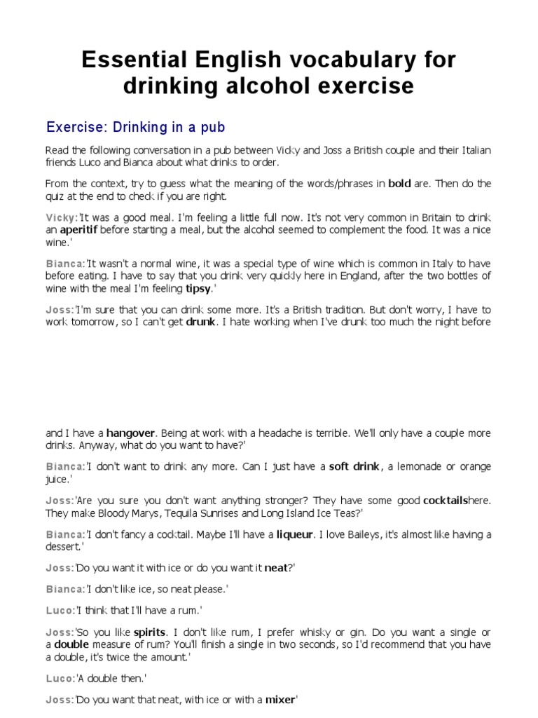 Vocabulary for Drinking Alcohol | PDF | Drink | Alcoholic Drinks