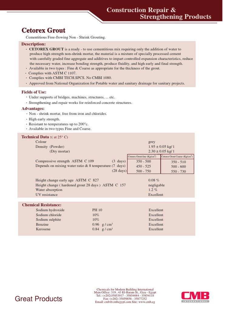 Cetorex Non-Shrink Grout Overview | PDF | Cement | Mortar (Masonry)
