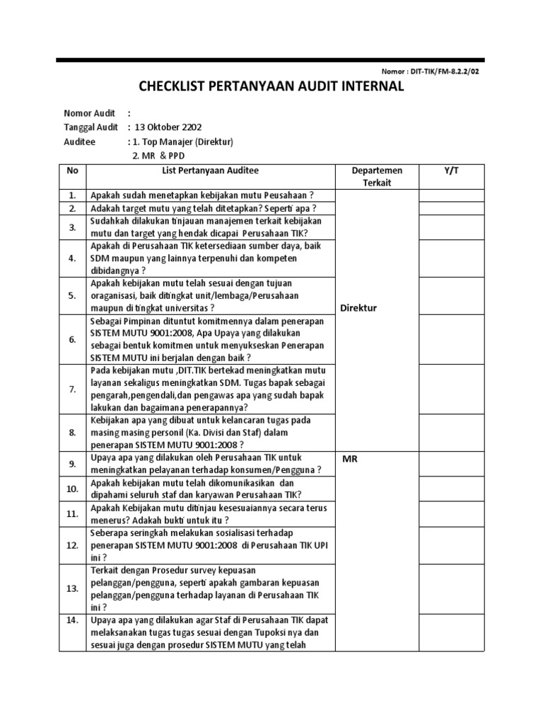 Checklist Audit Internal Perusahaan TIK | PDF | Bisnis
