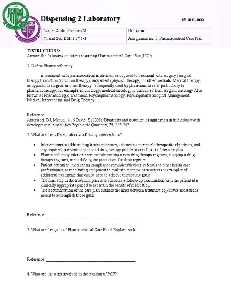 Assignment 3 Pharmaceutical Care Plan | PDF | Therapy | Medicine