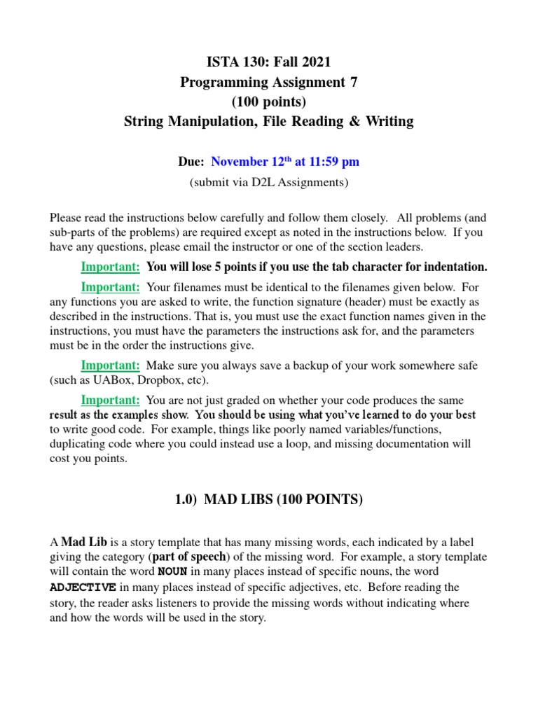 ISTA 130 Mad Lib Generator | PDF | Part Of Speech | Noun