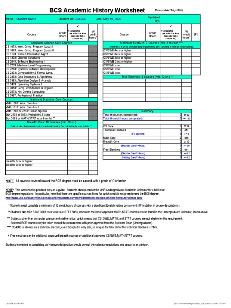 BCS Academic History Worksheet: Student Name 3333333 | PDF | Course ...