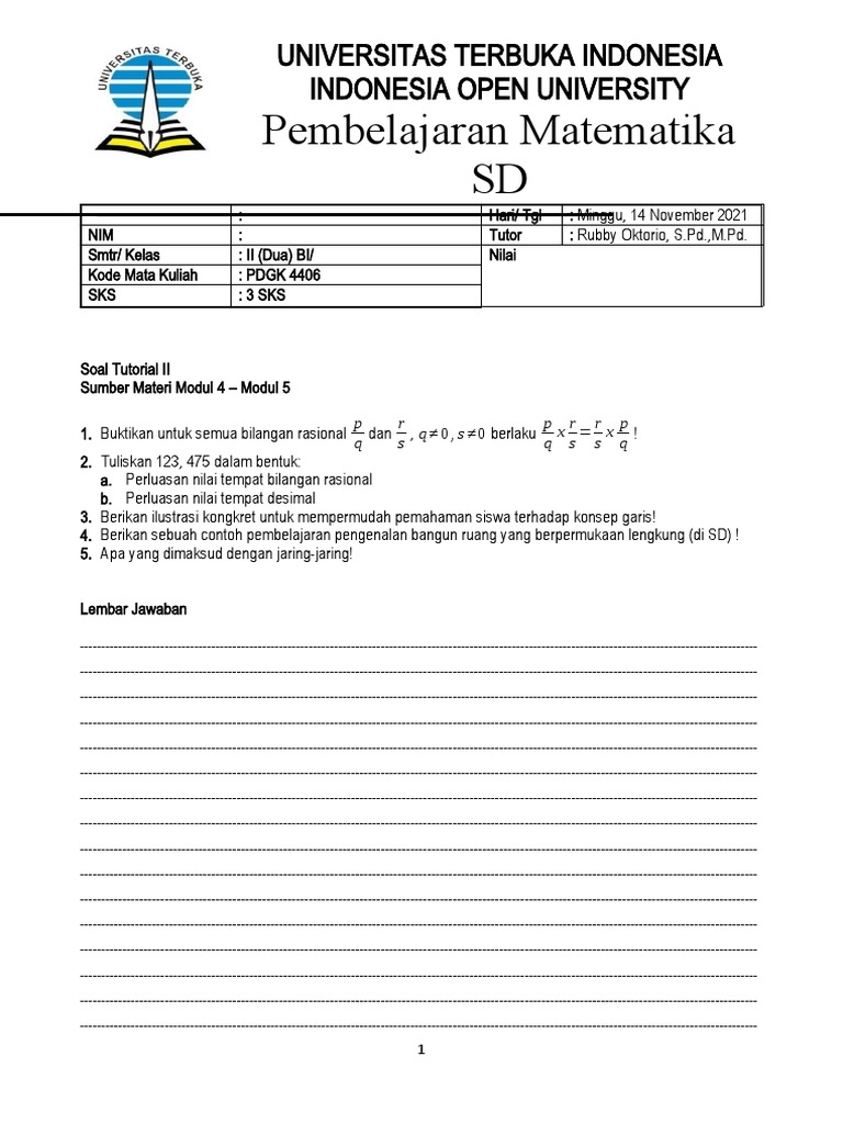 Tugas Tutorial 2 - Pemb. MTK SD | PDF