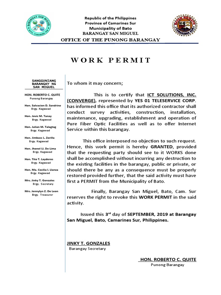Work Permit: Office of The Punong Barangay | PDF | Philippines