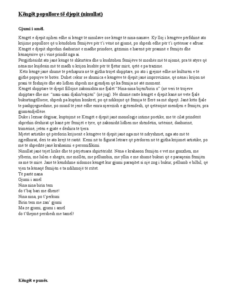 Këngët Popullore Të Djepit, Veshjet Popullore, Veglat Muzikore | PDF