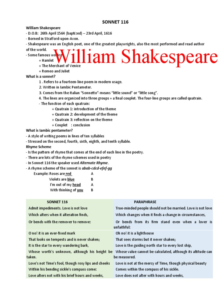 William Shakespeare: Sonnet 116 | PDF | Sonnets | Poetry